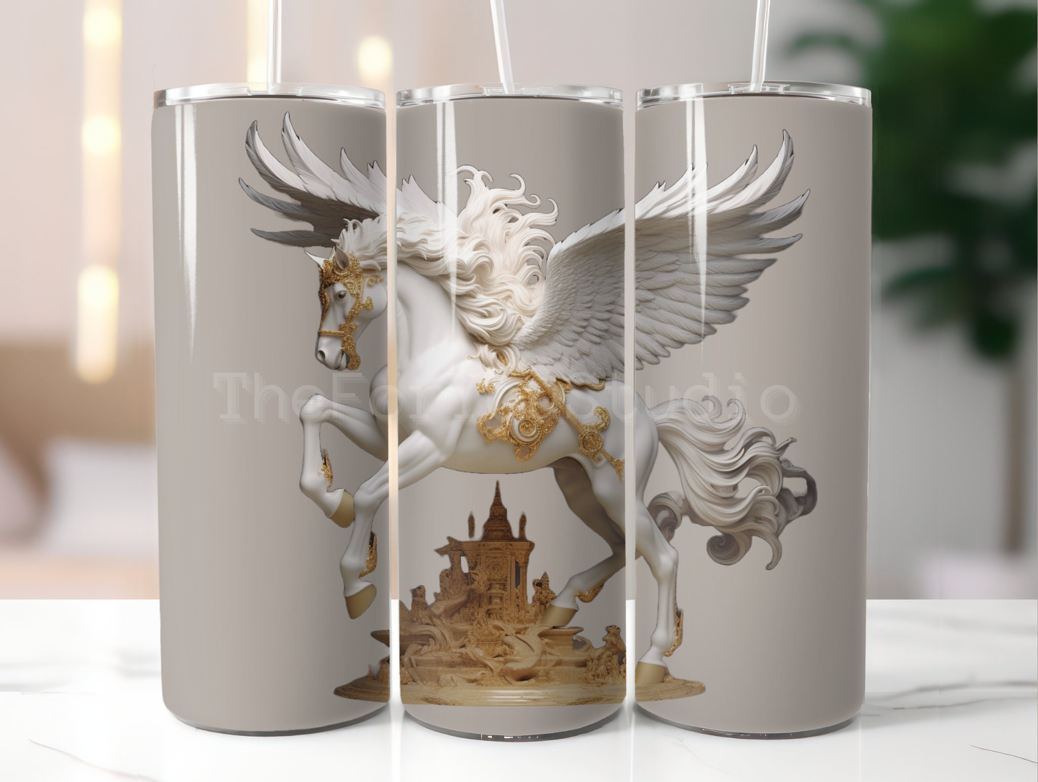 3D White and Gold Pegasus, Greek Mythology 20 Oz Tumbler Wrap, Instant ...