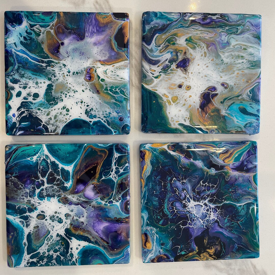 Ceramic Tile Coasters Handmade With Acrylic Paint Pouring Technique and ...