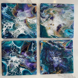 Ceramic Tile Coasters Handmade With Acrylic Paint Pouring Technique and ...