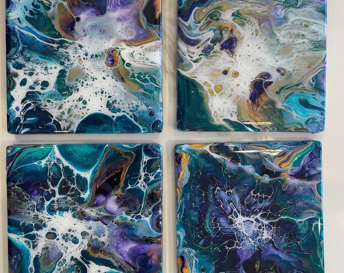 Ceramic Tile Coasters Handmade With Acrylic Paint Pouring Technique and ...