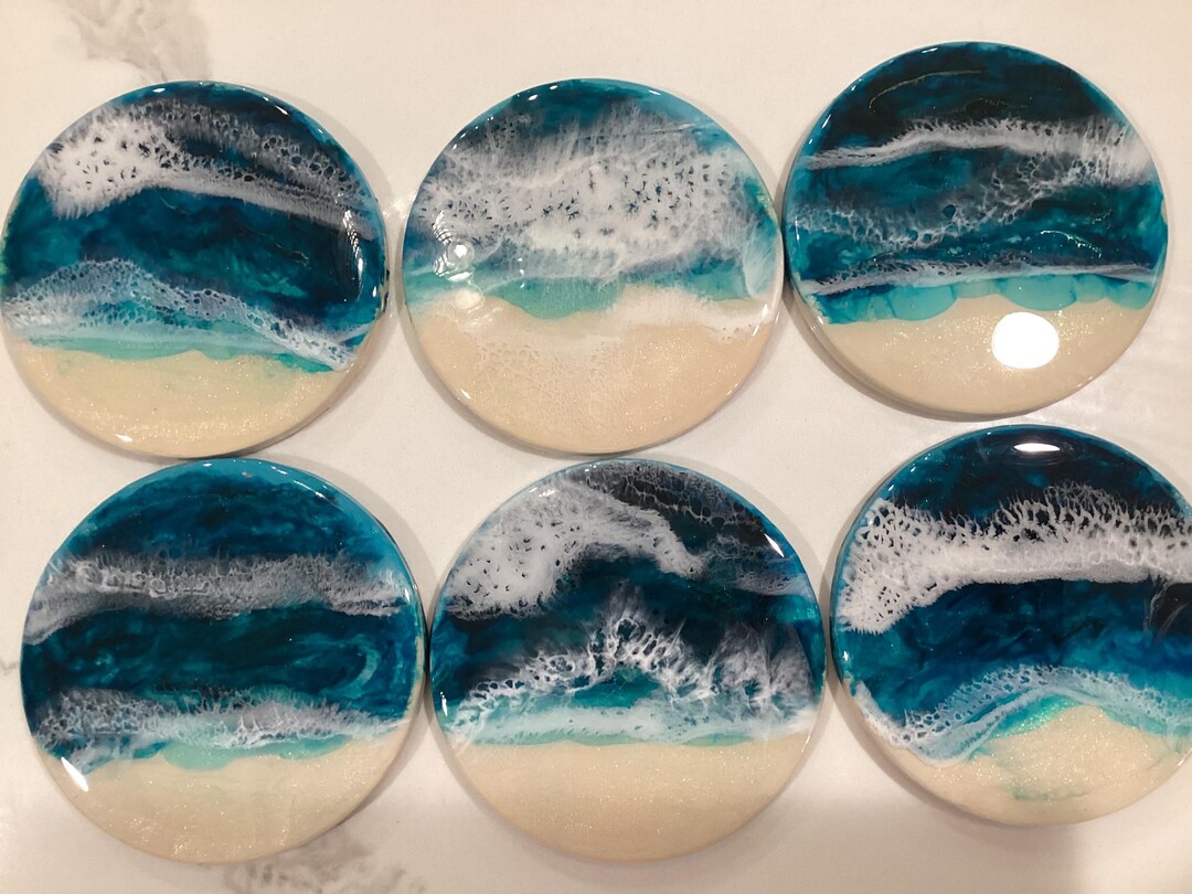 Round Ocean Wave Coasters. Coasters Are Ceramic With a Colored Resin ...