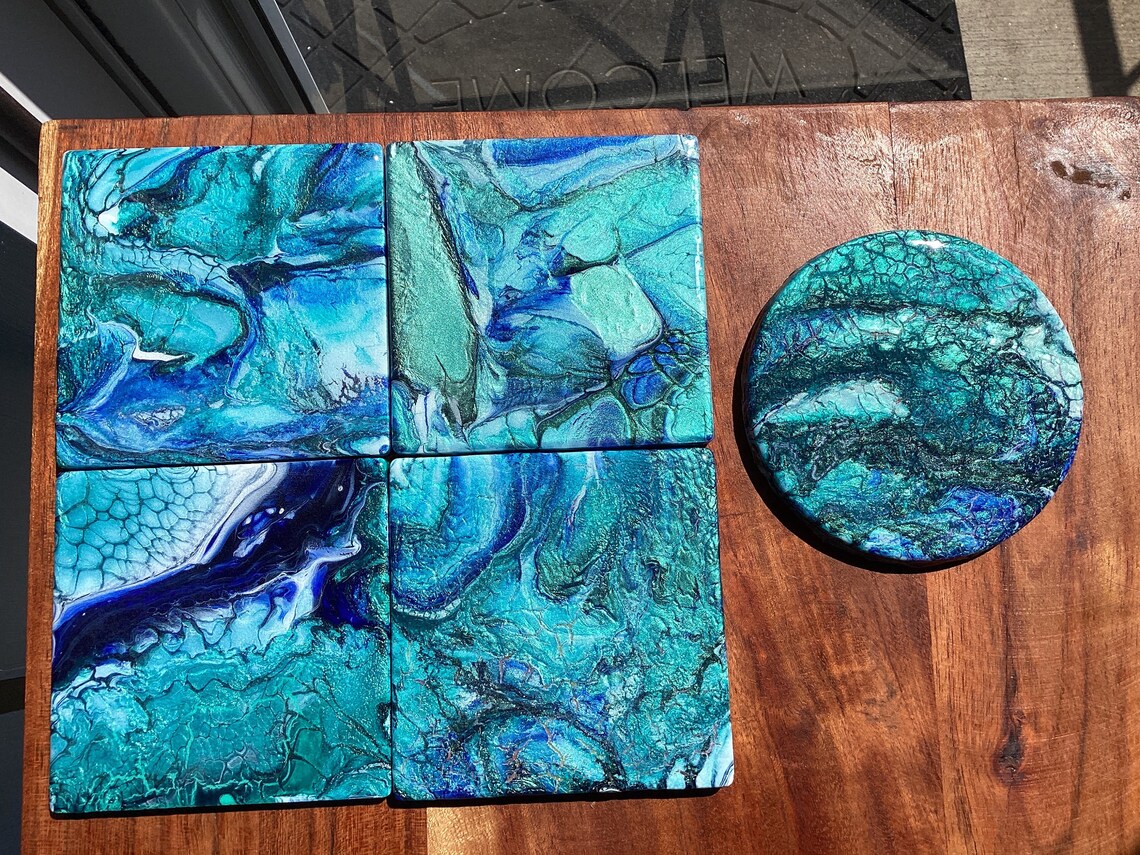 Ceramic Coasters Handmade With Acrylic Paint Pouring Technique and a ...