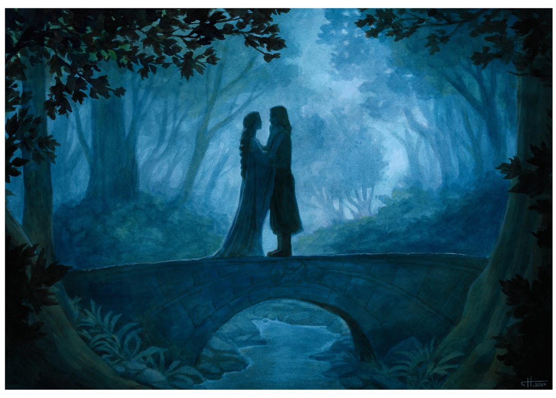 Arwen and Aragorn on the Bridge in Rivendell Print, LOTR Art, LOTR ...