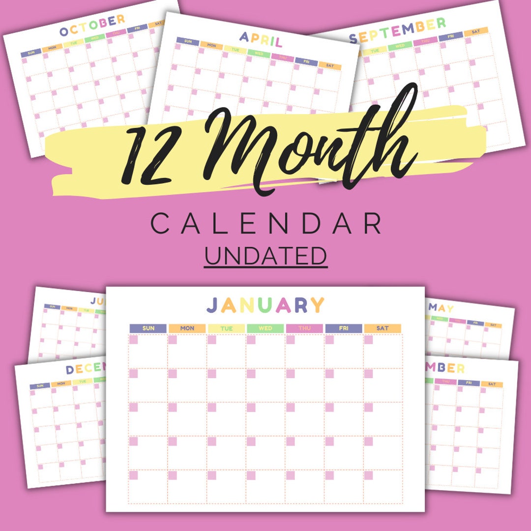 Twelve Month Printable Undated Calendar: Plan and Organize With ...