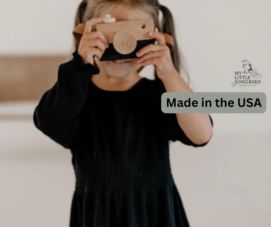 Handcrafted Wooden & Leather Play Camera Toy for Toddlers, Kids Pretend ...