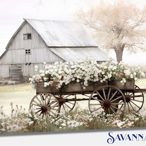 Floral Cart and Rustic Barn Spring Print Farmhouse Wall Art Country ...