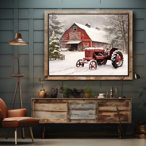 Farmhouse Winter Scene Vintage Tractor Rustic Christmas Barn Art Snowy ...