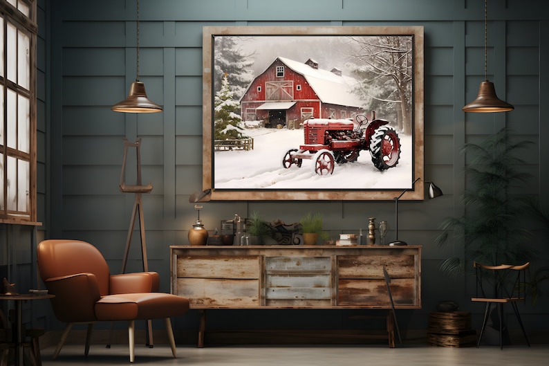 Farmhouse Winter Scene Vintage Tractor Rustic Christmas Barn Art Snowy ...