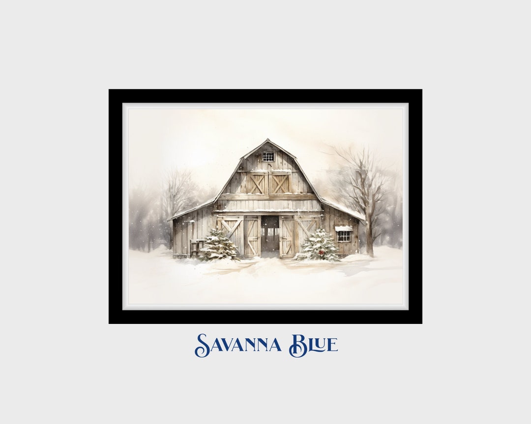 Winter Barn Scene Watercolor Style Art Rustic Farmhouse Decor Snowy ...