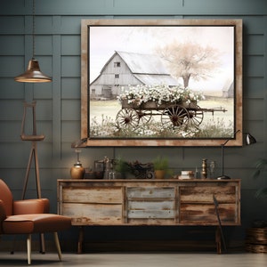 Floral Cart and Rustic Barn Spring Print Farmhouse Wall Art Country ...