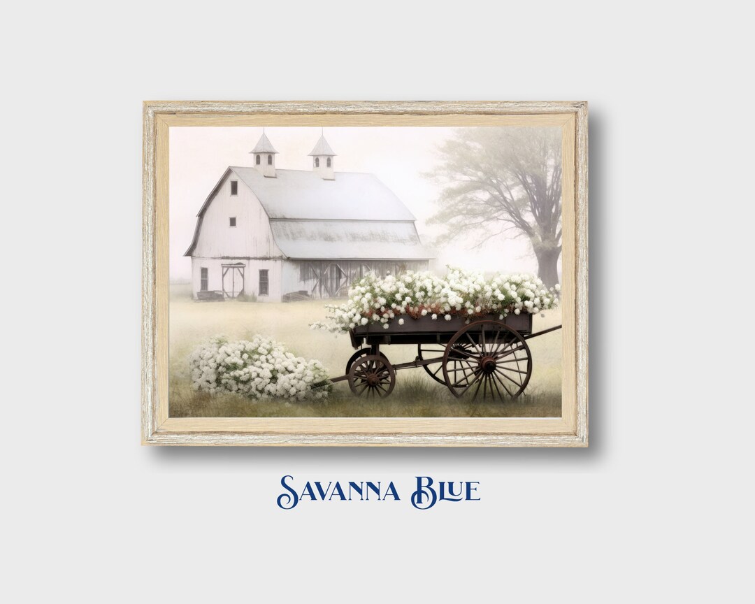 Rural Spring Decor Rustic Barn and Floral Cart Spring Print Farmhouse ...