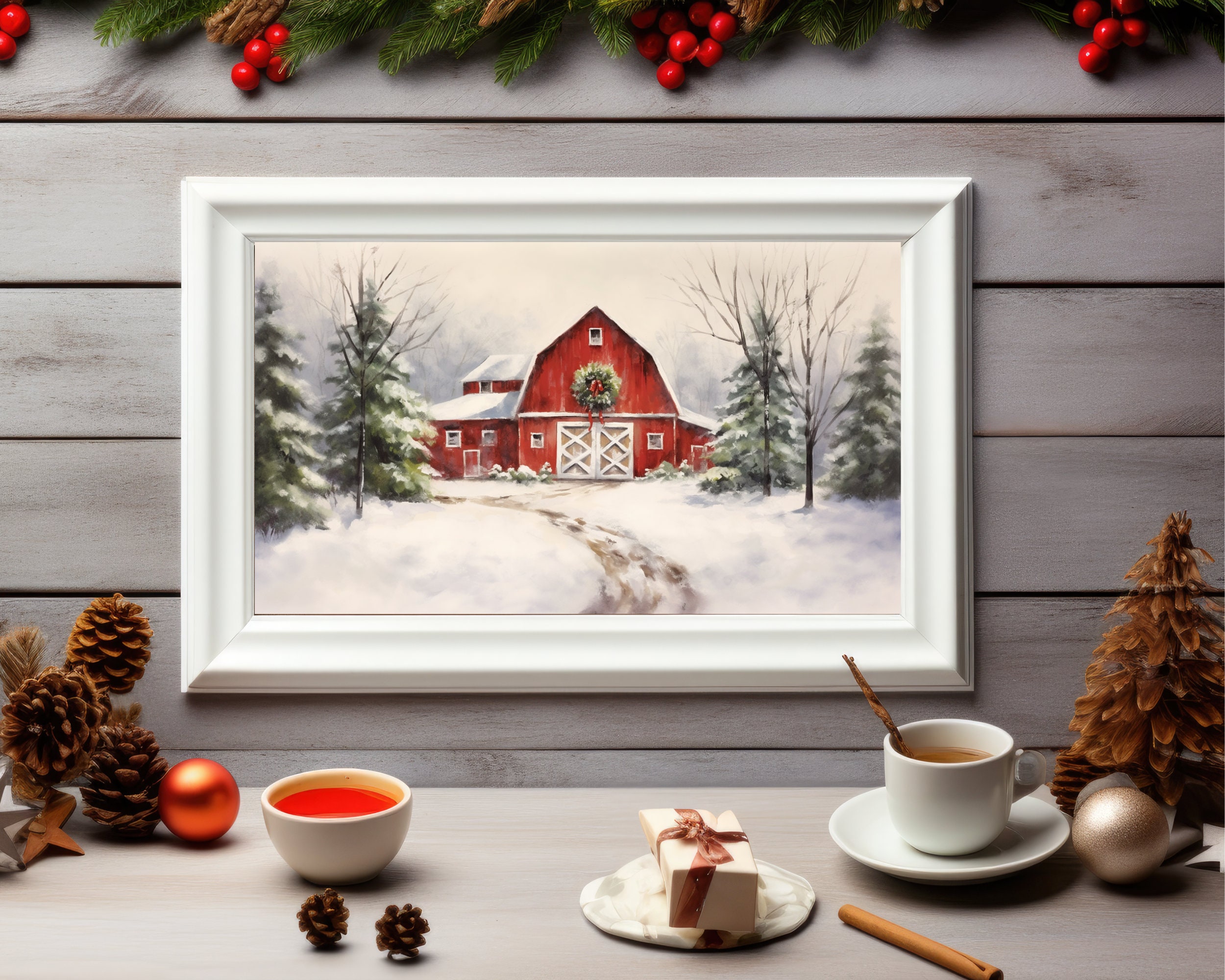 Farmhouse Winter Wonderland Landscape Wall Art Christmas Sketch Outdoor ...