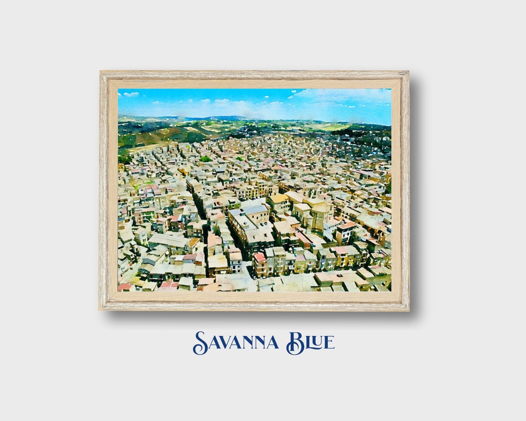 Sicily Riesi Aerial Digital Watercolor Italian Cityscape Urban ...