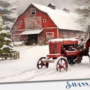 Farmhouse Winter Scene Vintage Tractor Rustic Christmas Barn Art Snowy ...