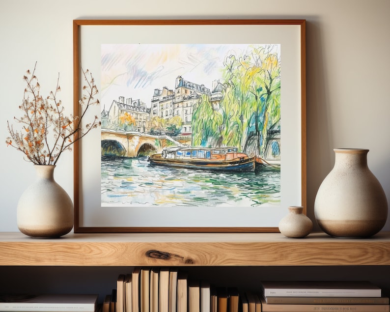 European Riverfront Digital Sketch Art Vintage Riverboat and Bridge ...