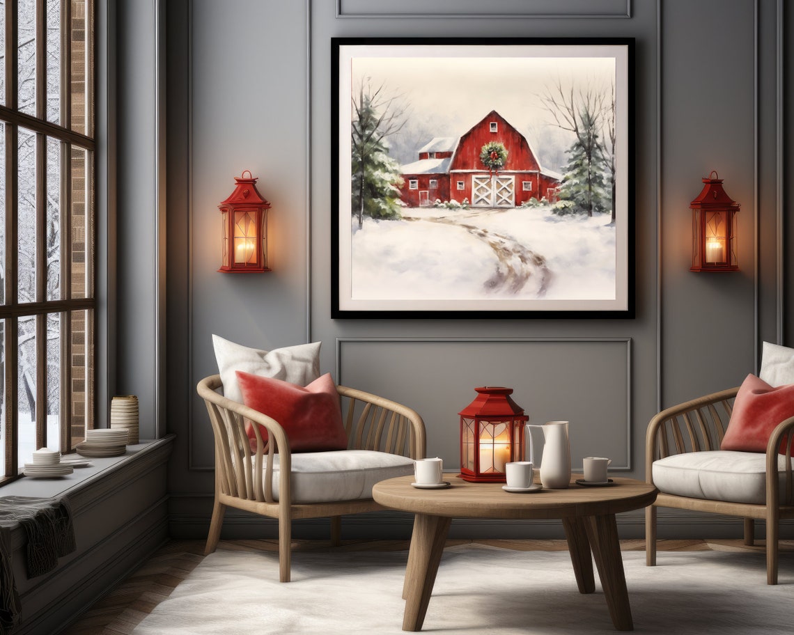 Farmhouse Winter Wonderland Landscape Wall Art Christmas Sketch Outdoor ...