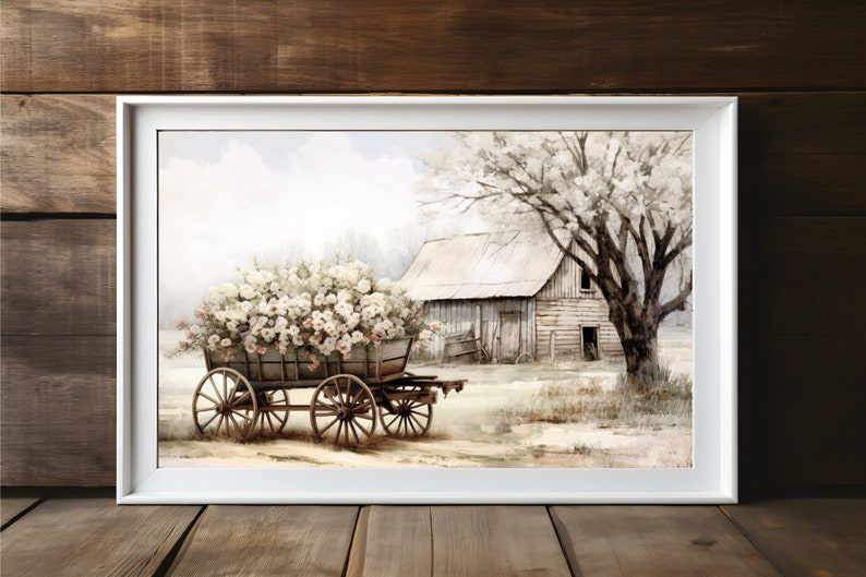Farmhouse Wall Art Rustic Barn and Floral Cart Spring Print Country ...