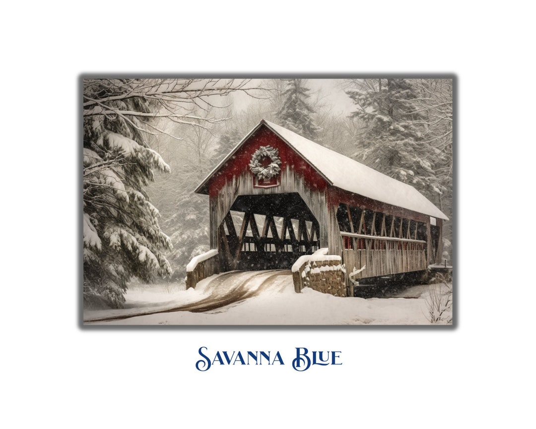 Snowy Covered Bridge Digital Art Rustic Winter Holiday Decor Farmhouse ...