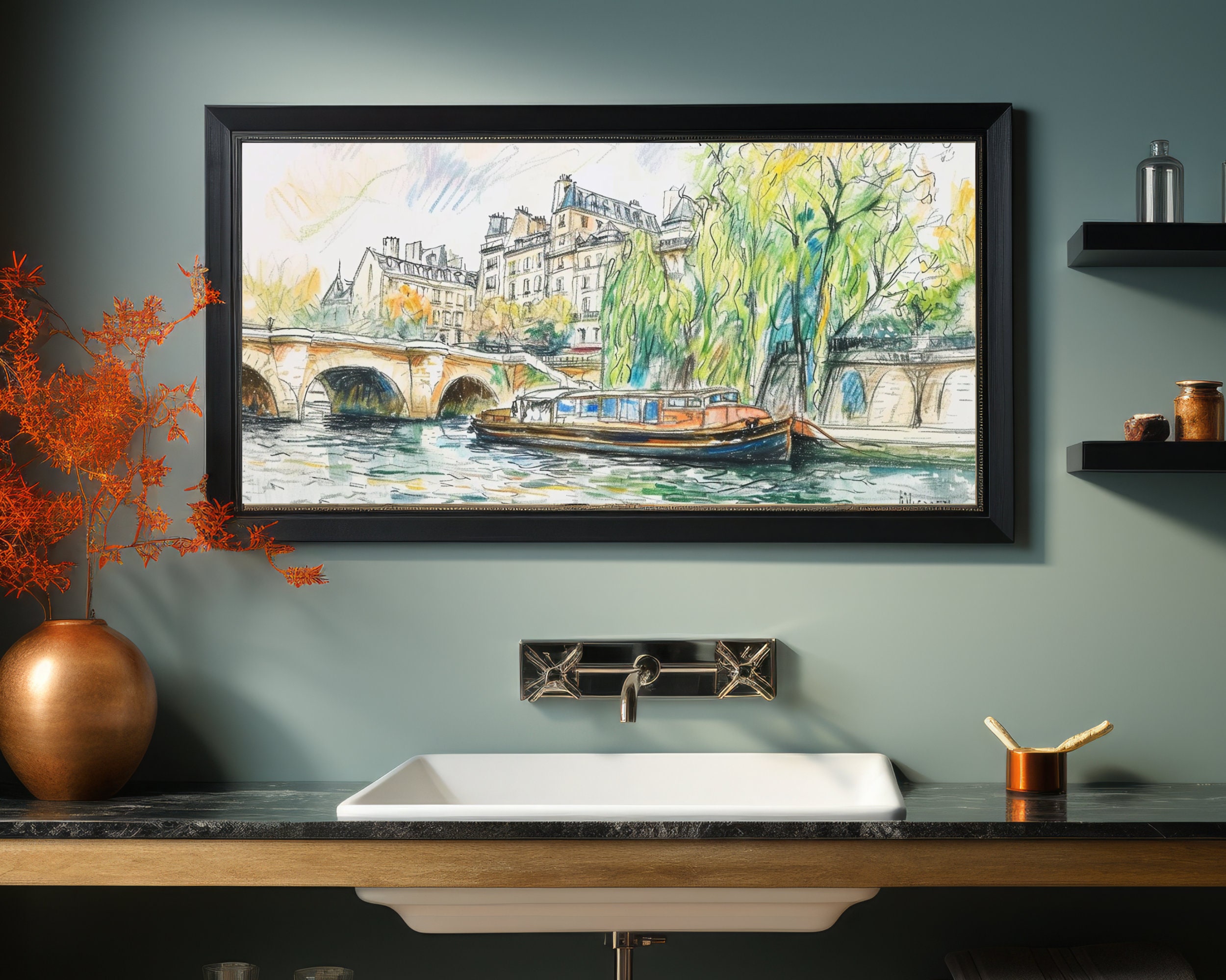 European Riverfront Digital Sketch Art Vintage Riverboat and Bridge ...