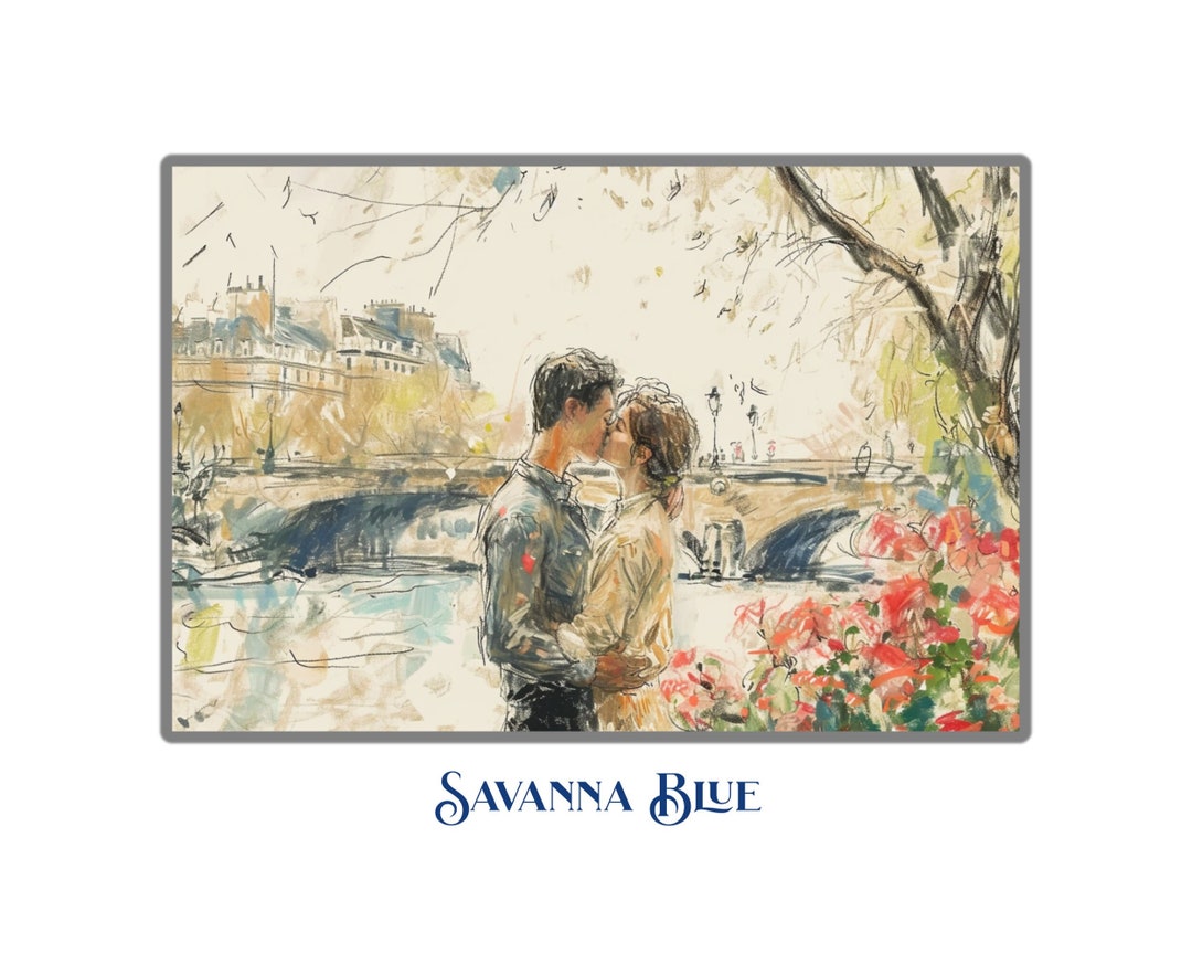 Intimate Kiss Print Sketch Art of Young Lovers City of Love Seine River ...