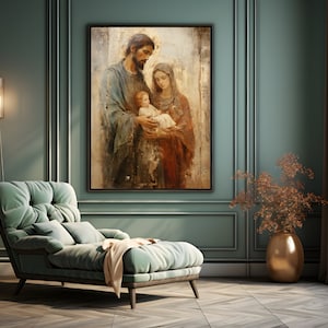 Holy Family Vintage Fresco Style Painting Joseph Mary Jesus Spiritual ...