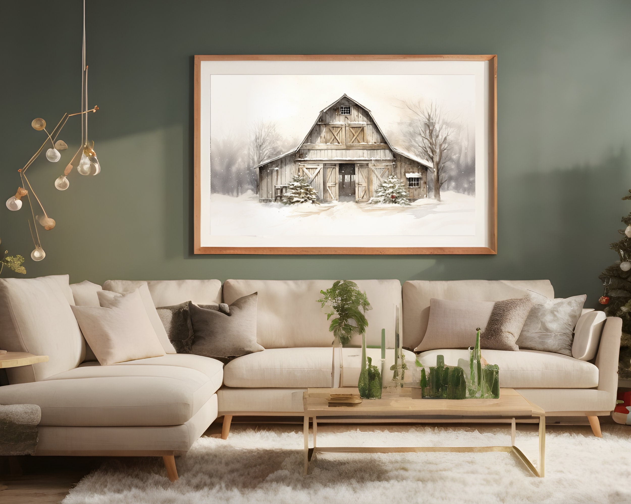 Winter Barn Scene Watercolor Style Art Rustic Farmhouse Decor Snowy ...