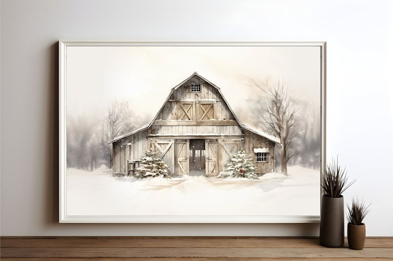 Winter Barn Scene Watercolor Style Art Rustic Farmhouse Decor Snowy ...