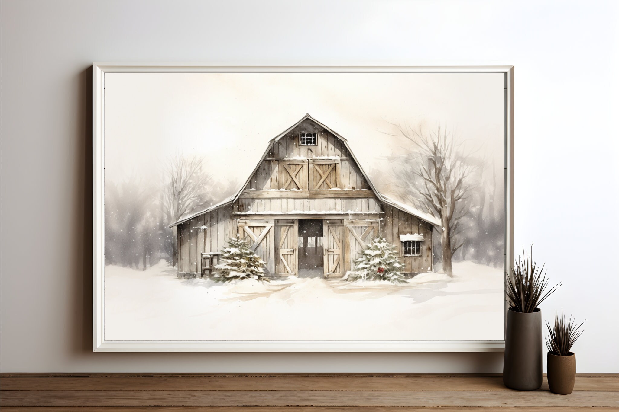 Winter Barn Scene Watercolor Style Art Rustic Farmhouse Decor Snowy ...
