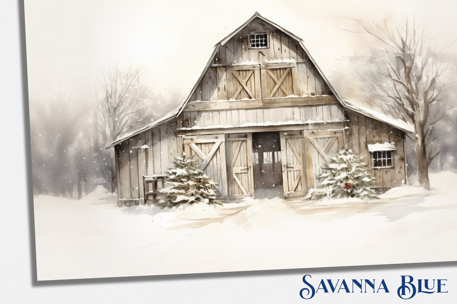 Winter Barn Scene Watercolor Style Art Rustic Farmhouse Decor Snowy ...