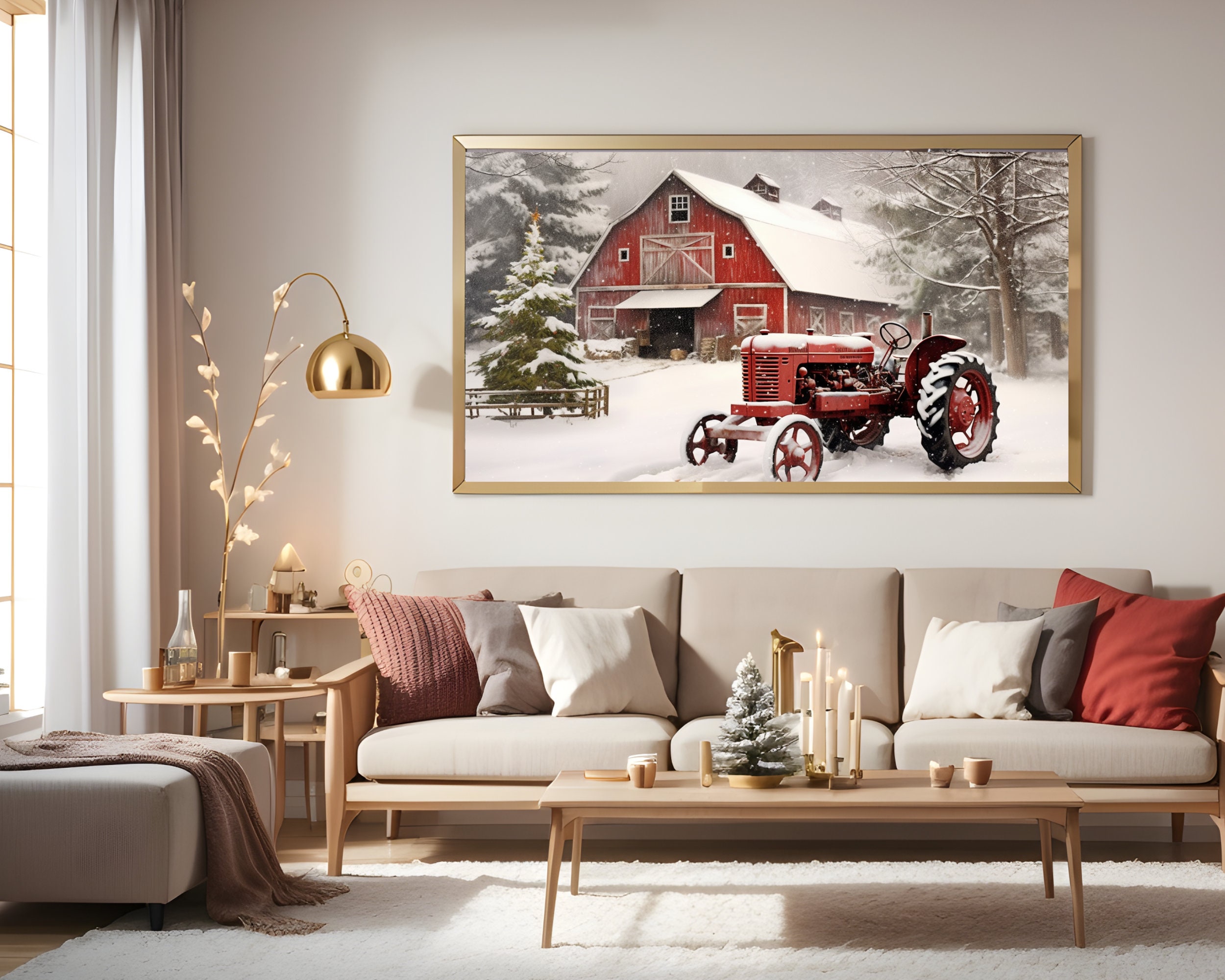 Farmhouse Winter Scene Vintage Tractor Rustic Christmas Barn Art Snowy ...
