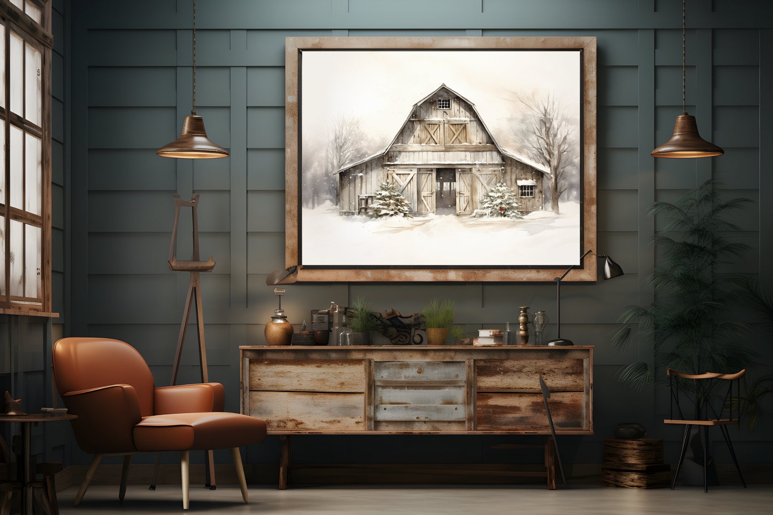 Winter Barn Scene Watercolor Style Art Rustic Farmhouse Decor Snowy ...