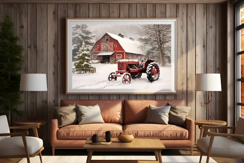 Farmhouse Winter Scene Vintage Tractor Rustic Christmas Barn Art Snowy ...