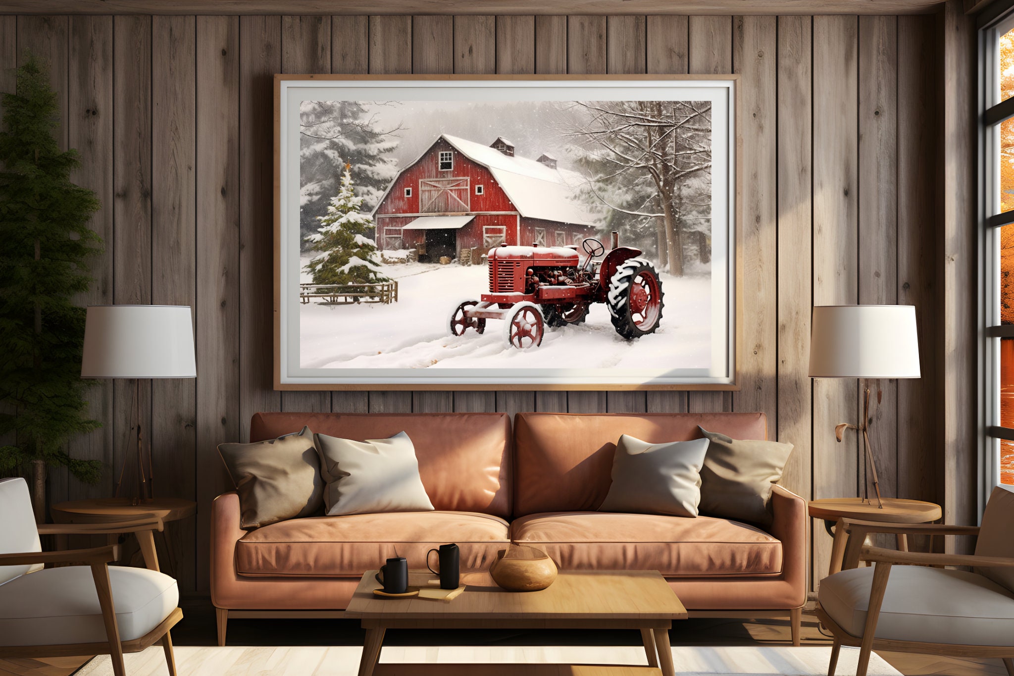 Farmhouse Winter Scene Vintage Tractor Rustic Christmas Barn Art Snowy ...