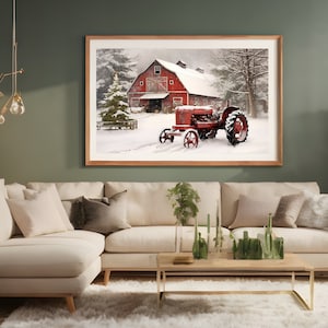 Farmhouse Winter Scene Vintage Tractor Rustic Christmas Barn Art Snowy ...
