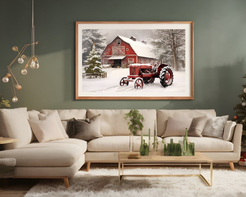 Farmhouse Winter Scene Vintage Tractor Rustic Christmas Barn Art Snowy ...