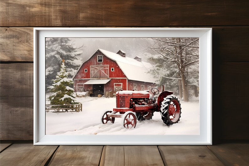 Farmhouse Winter Scene Vintage Tractor Rustic Christmas Barn Art Snowy ...