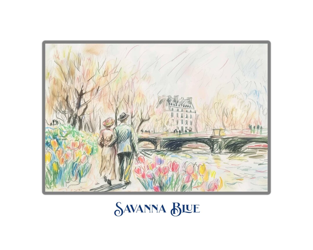 Romantic Parisian Stroll Digital Sketch Art Couple Walking by Seine ...