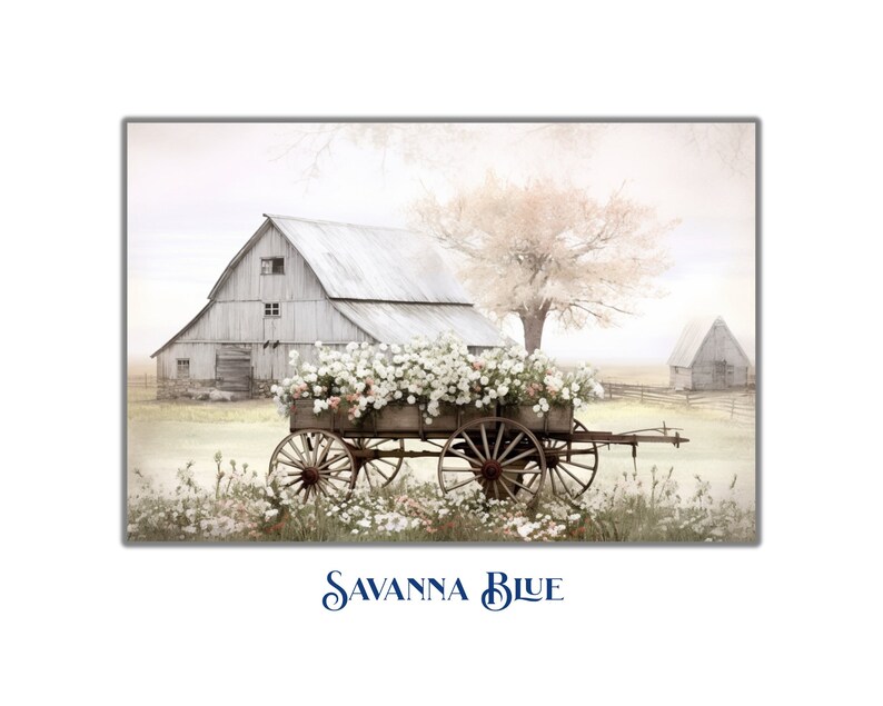 Floral Cart and Rustic Barn Spring Print Farmhouse Wall Art Country ...