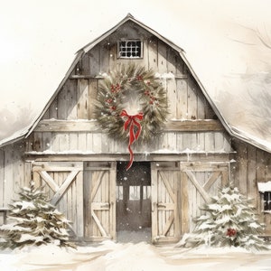 Farmhouse Winter Wonderland Landscape Wall Art Christmas Sketch Outdoor ...