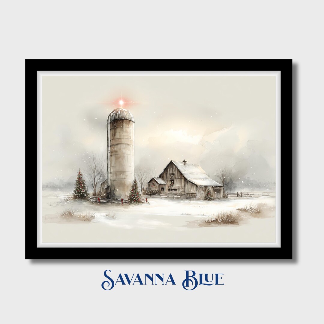 Art Print: Winter Farm With Silo Beacon, Soft Snow and Distant Barn ...