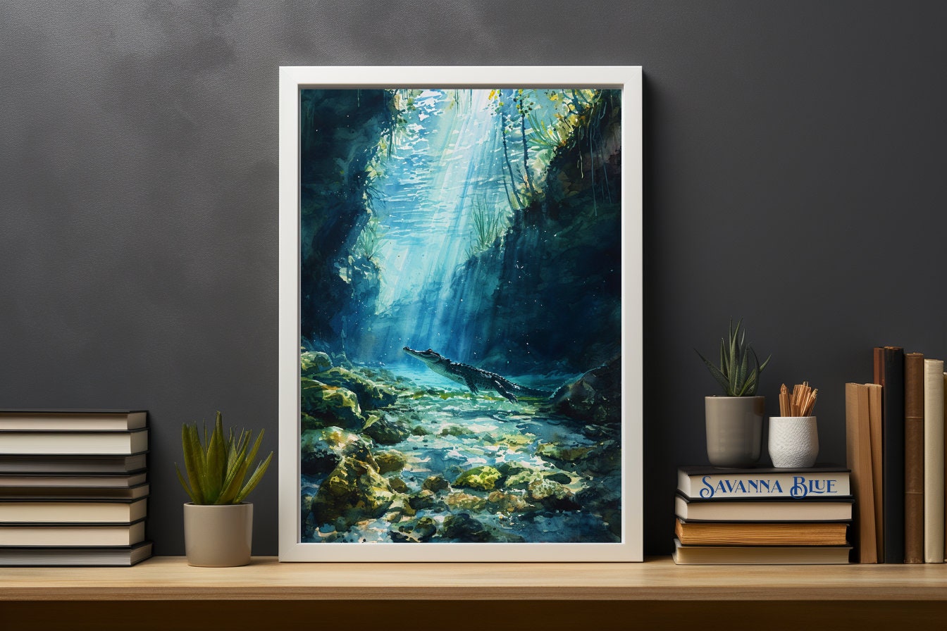 Gator Rising Florida Springs Watercolor Digital Art Print Underwater ...