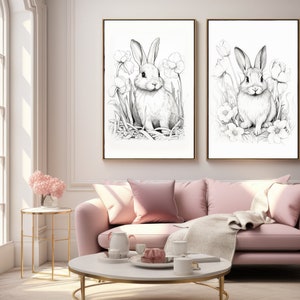 Bunny Rabbit Line Art Sketches Black and White Nursery Decor Set of Two ...