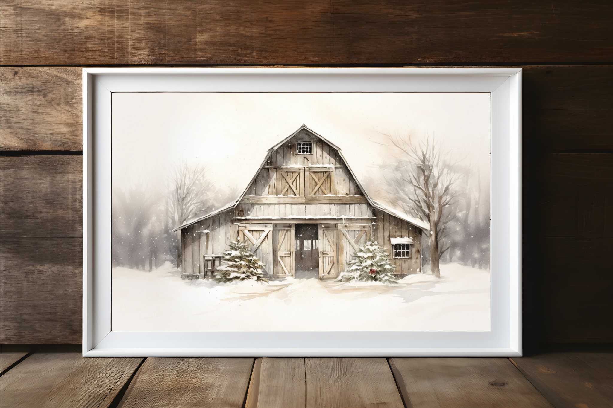 Winter Barn Scene Watercolor Style Art Rustic Farmhouse Decor Snowy ...