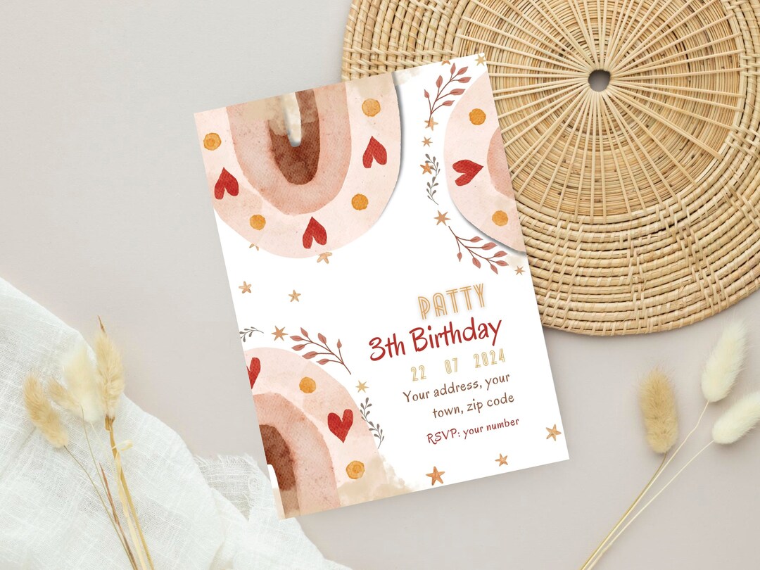 Editable Boho Rainbow With Heart Birthday Invitation Template,over the ...