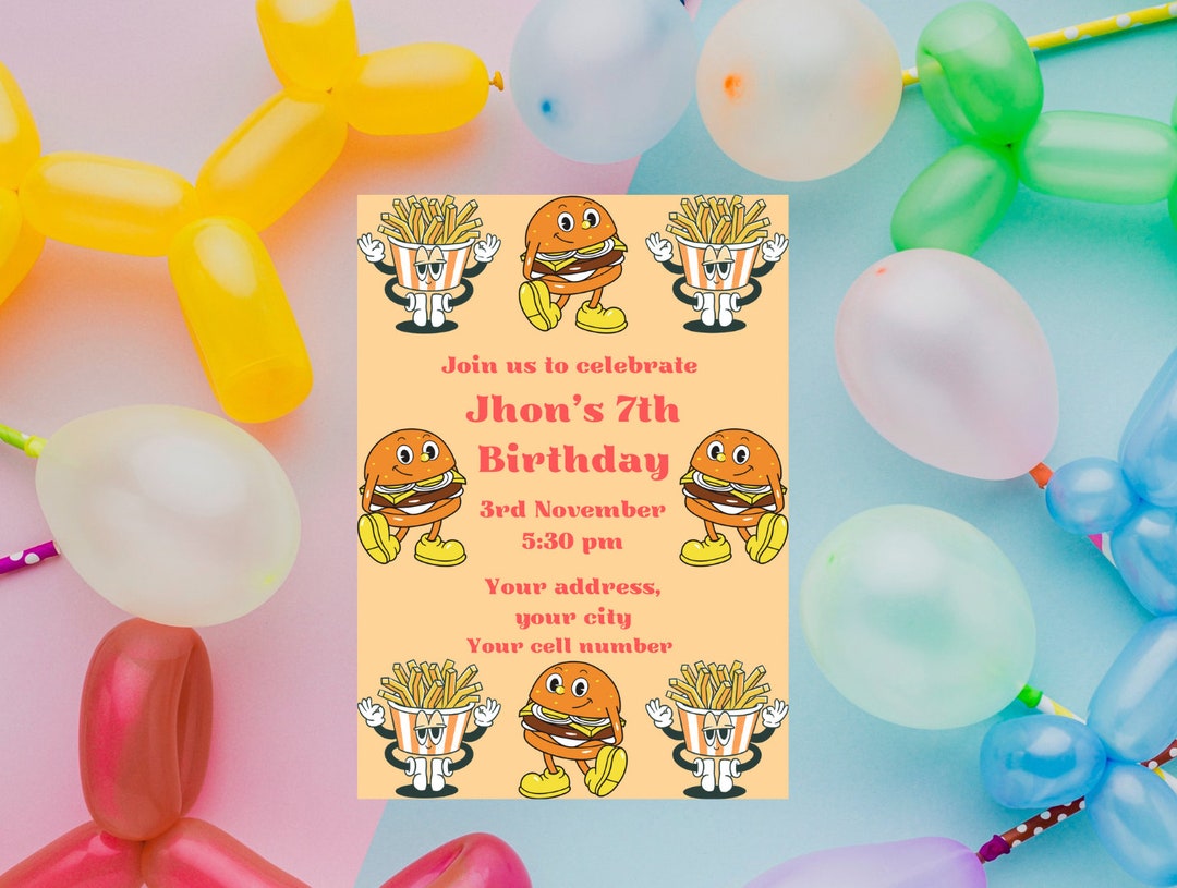 Fast Food Birthday Party Invitation, Hamburger Template (digital ...
