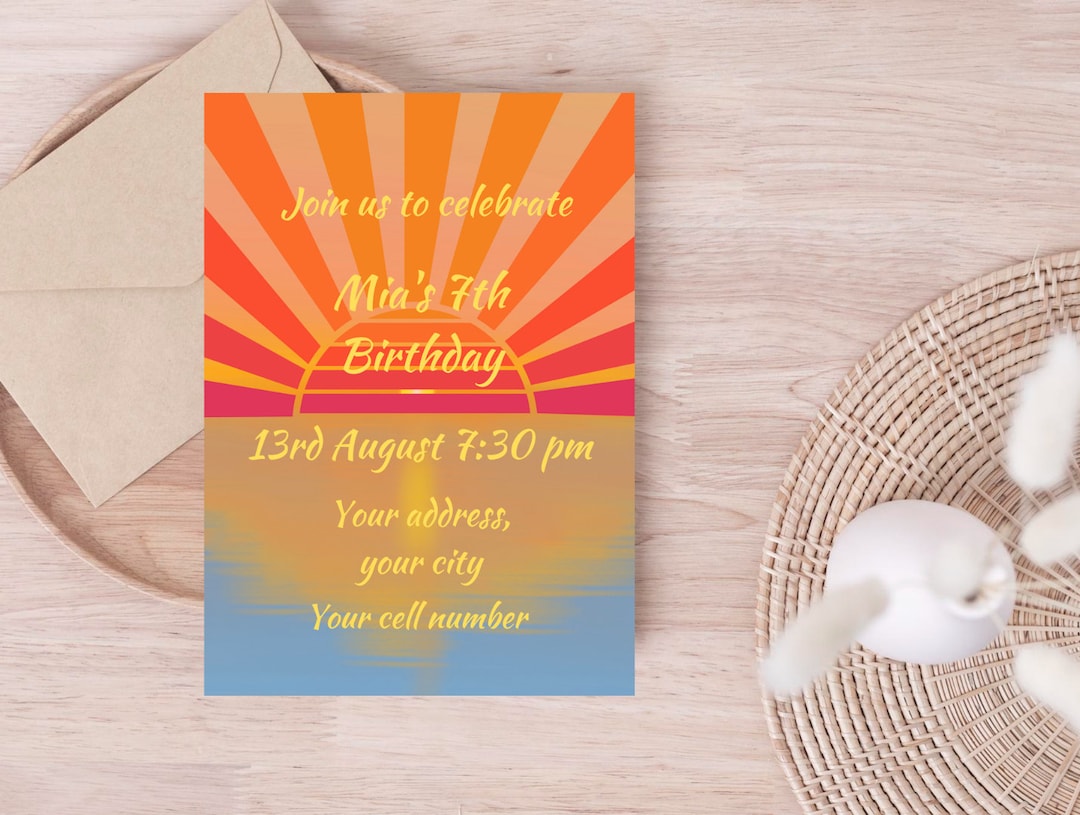 Sunset Birthday Party Invitation Template, Beach Sea (digital Download ...