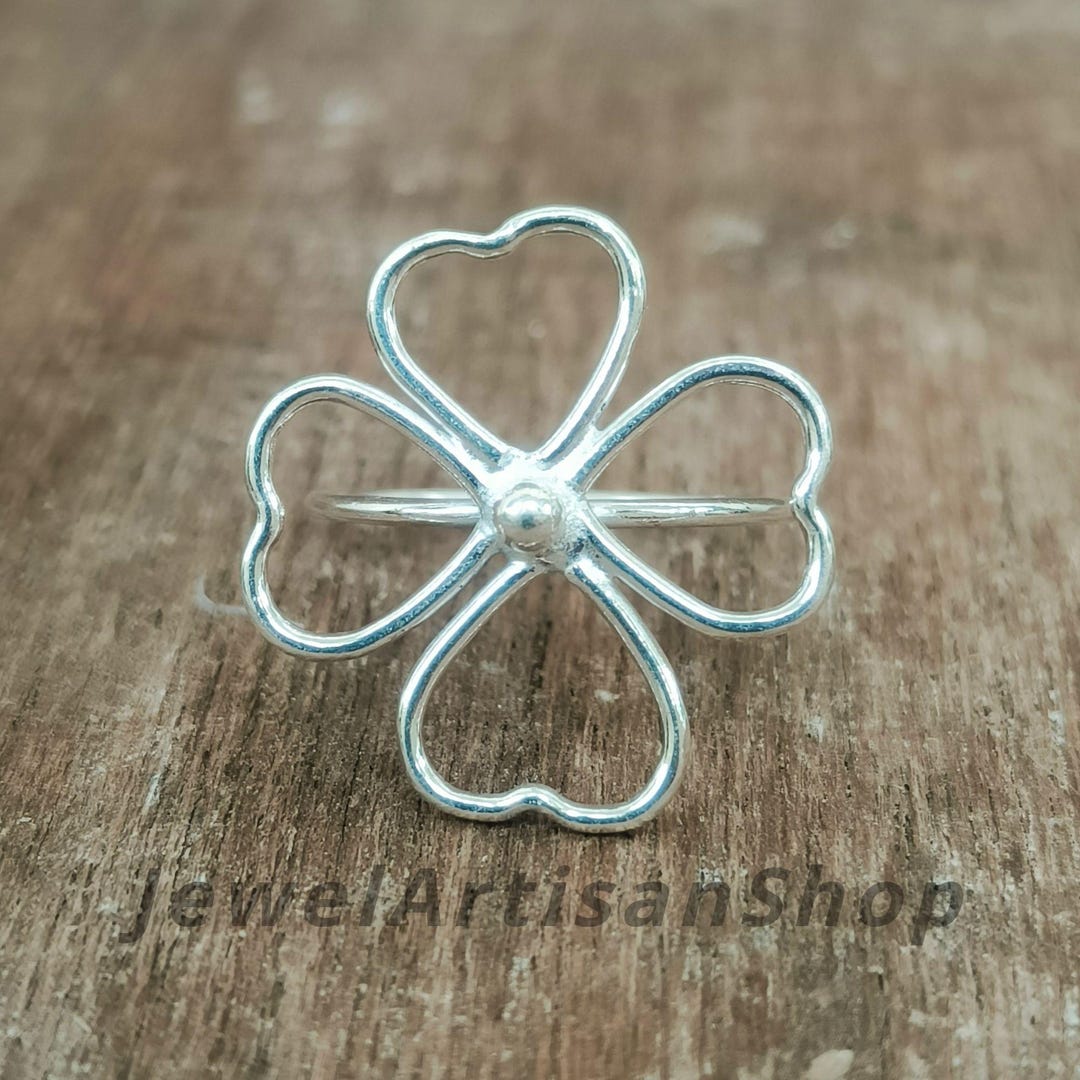 925 Sterling Silver Four Leaf Clover Ring-heart Petal Good Luck Jewelry ...