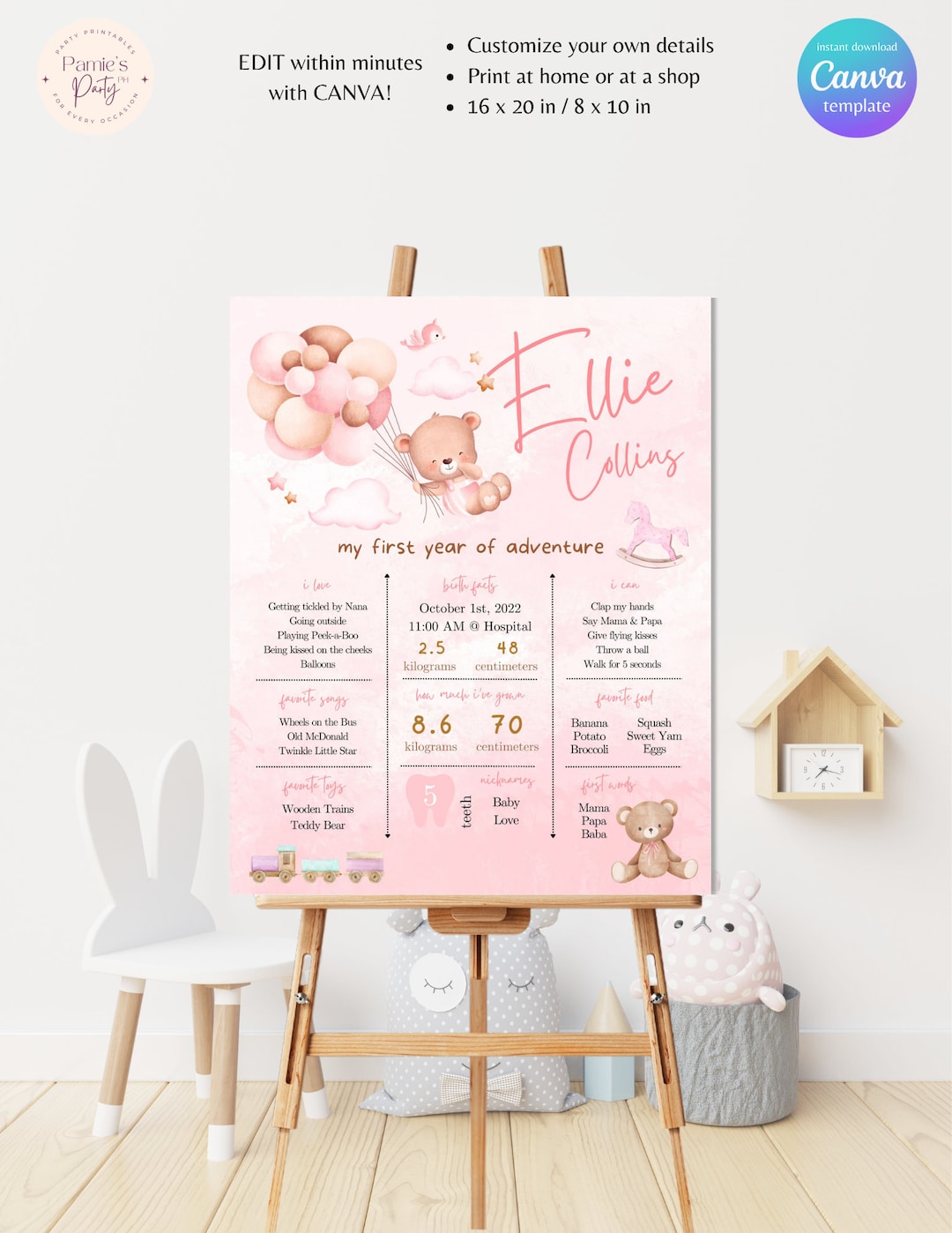 Bear and Balloons Milestone Birthday Board, Editable Birthday Board for ...