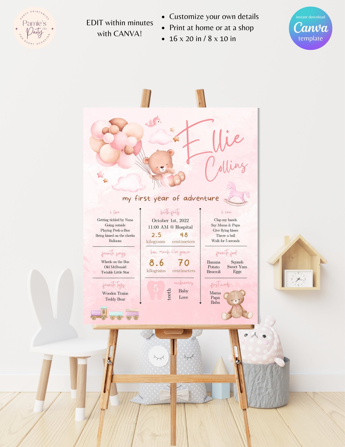 Bear and Balloons Milestone Birthday Board, Editable Birthday Board for ...