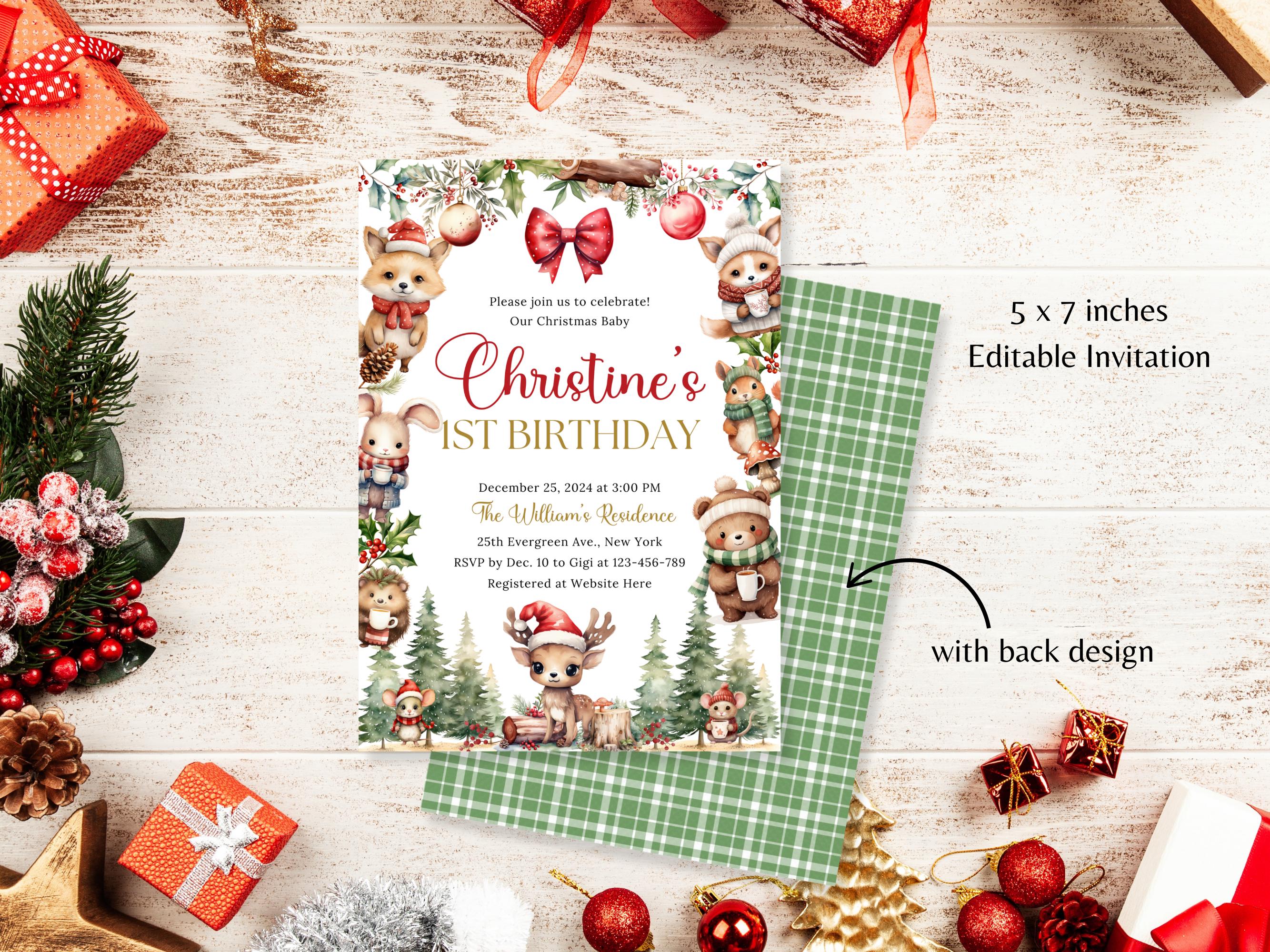 Woodland Christmas Birthday Invitation, Holiday Party Invite, Rustic ...